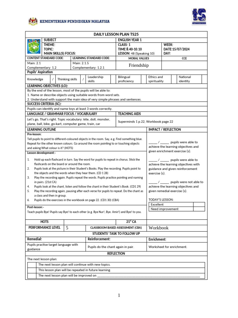 BI Y1 LP TS25 (Unit 2 LP 48-78) | PDF | Lesson Plan | Learning