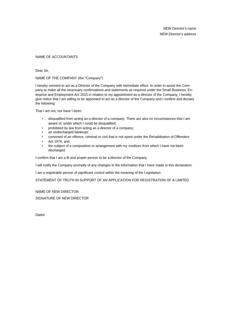 Consent to Act as Director Form | PDF