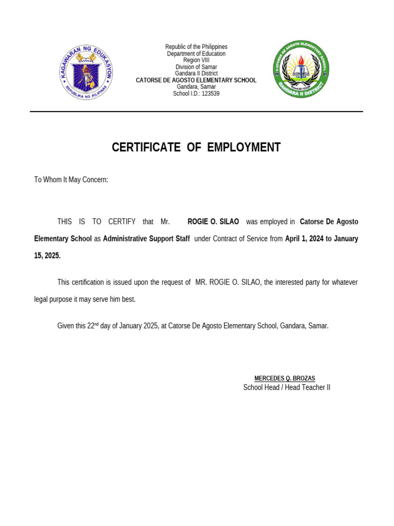 CerificateOfEmployment DEPED PErsonnel | PDF