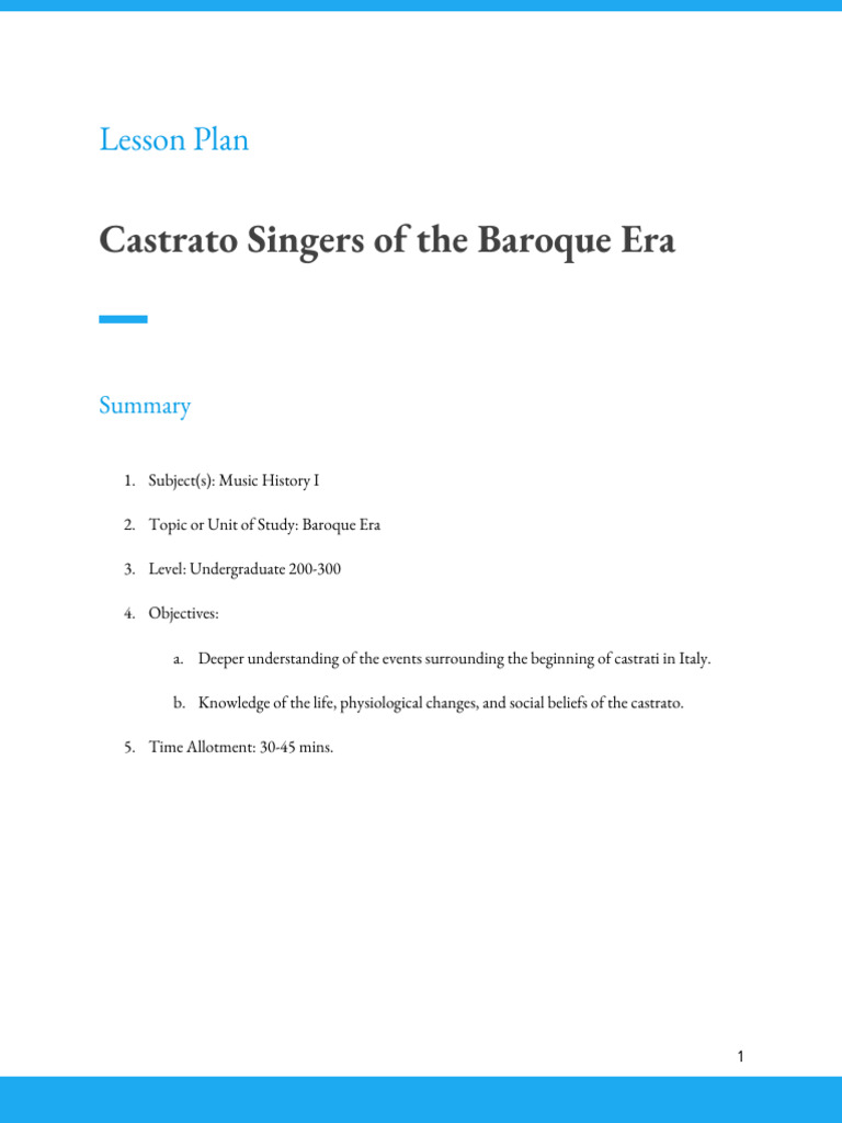 Lesson Plan - Castrato Singers of The Baroque Era | PDF | Vocal Music