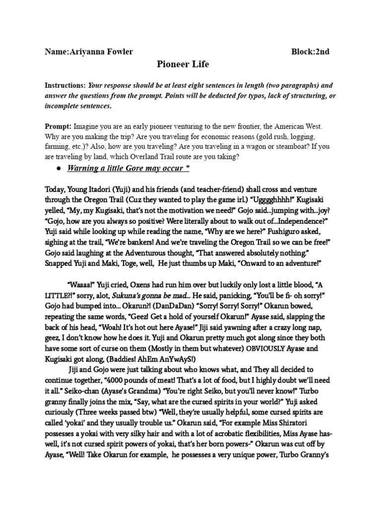 Ariyanna Fowler - Pioneer Life - Essay | PDF