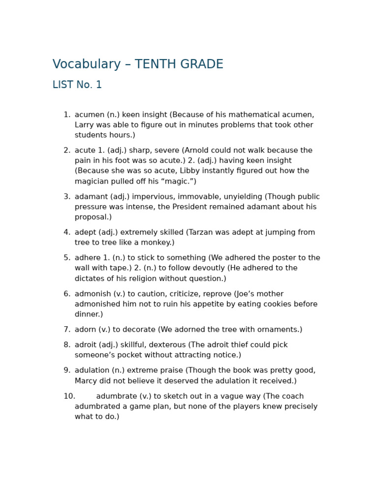 Vocabulary List 1 | PDF