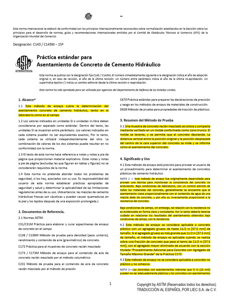 Astm C 143-15 Revenimiento | PDF | Hormigón | Cemento