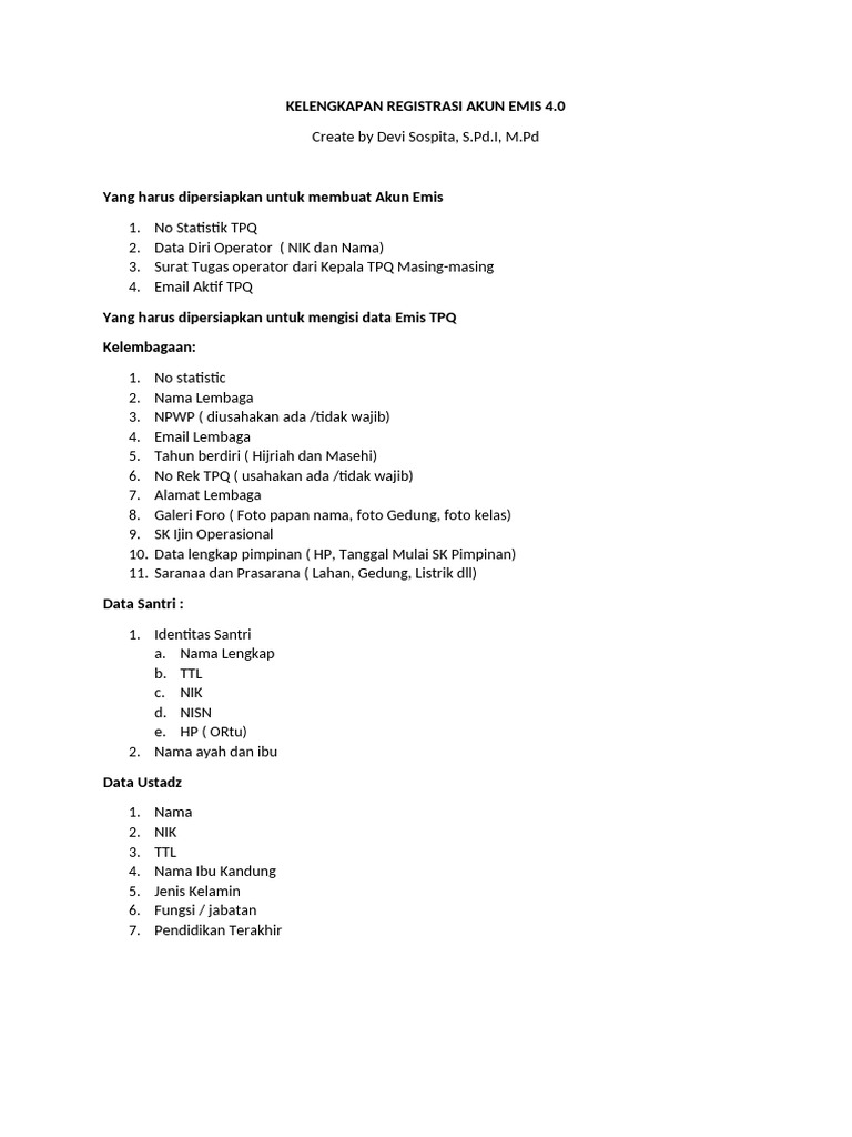 Data Yang Disiapkan Untuk Update Data EMIS TPQ | PDF
