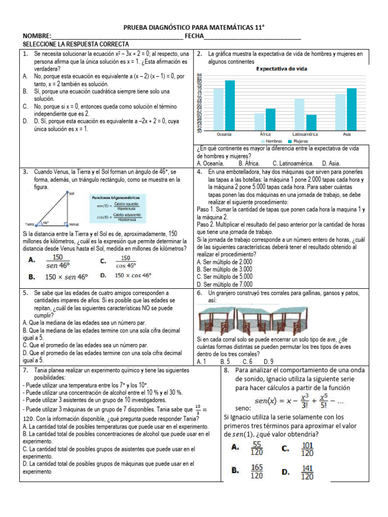 Prueba Diagnóstica Matemáticas 11° | PDF | Ecuaciones | Matemáticas