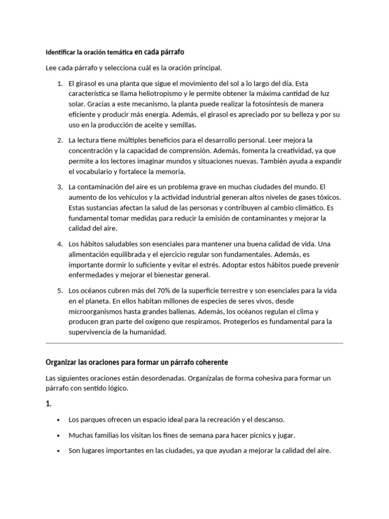 Ejercicios Identificar La Oraciã N Temã¡tica en Cada Pã¡rrafo | PDF ...