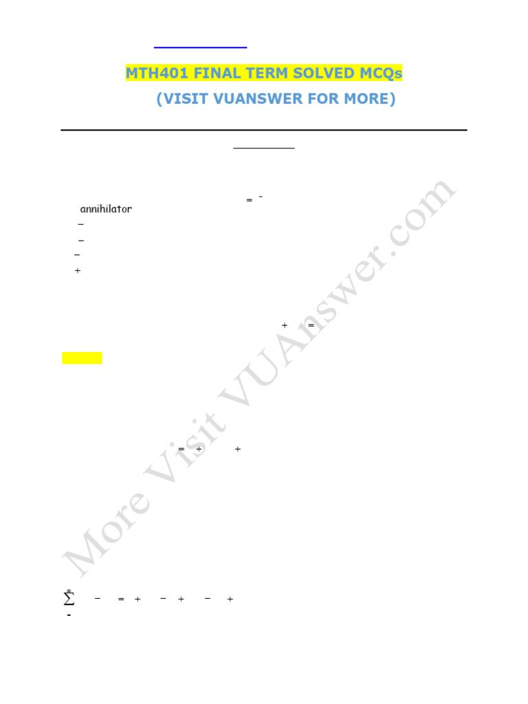 MTH401 Final Term Solved MCQs Guide | PDF | Power Series | Electrical ...