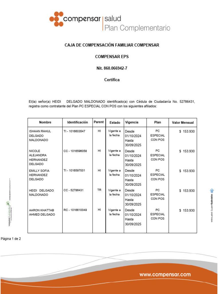 Certificado Plan PC Especial Compensar | PDF | Autenticación | Control de acceso