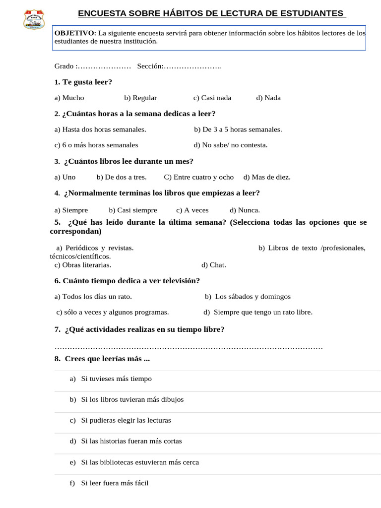 ENCUESTA SOBRE HÁBITOS DE LECTURA DE ESTUDIANTES | PDF