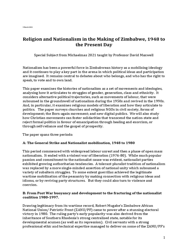 Zimbabwe: Religion & Nationalism History | PDF | Zimbabwe | Robert Mugabe