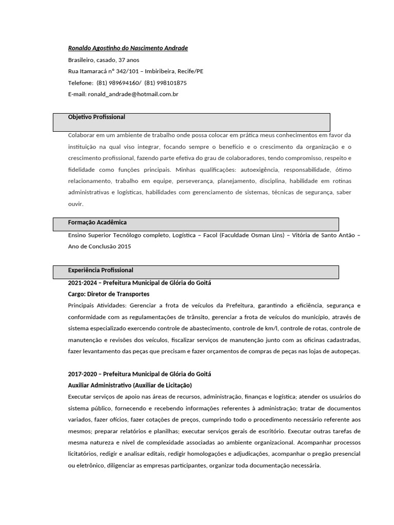 Currículo Ronaldo Andrade | PDF | Logística | Setor terciário da economia