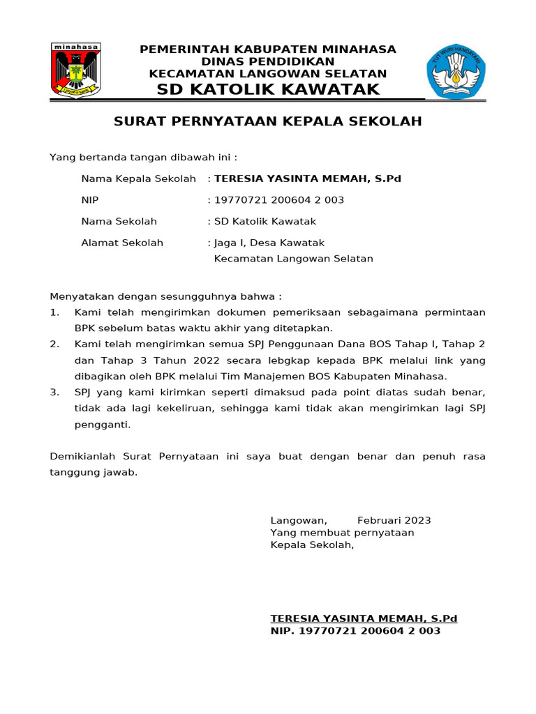 Surat Pernyataan Kepala Sekolah | PDF