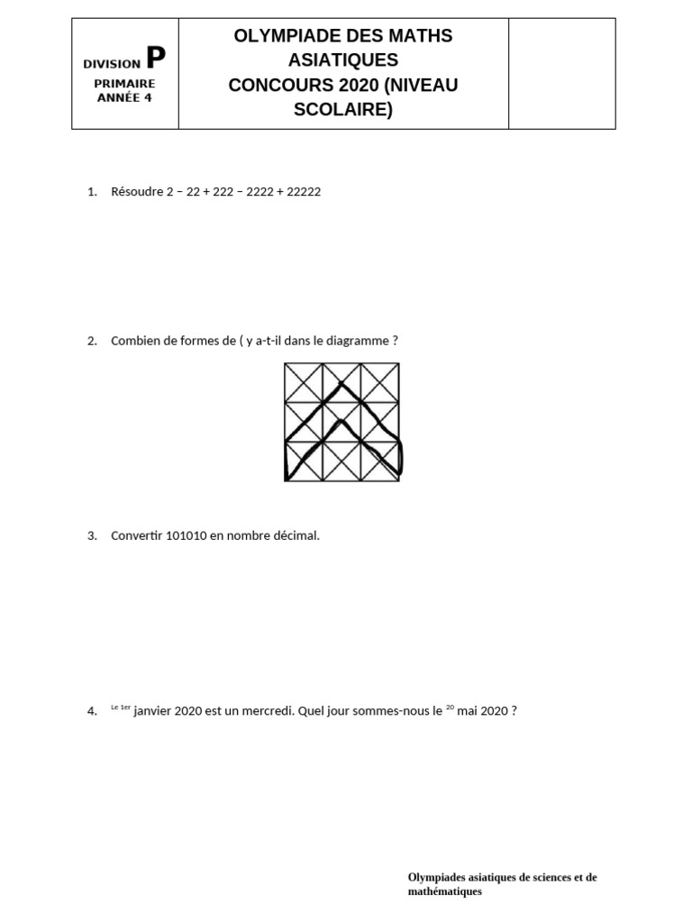 Olympiade des Mathématiques 2020 - Année 4 | PDF | Mathématiques