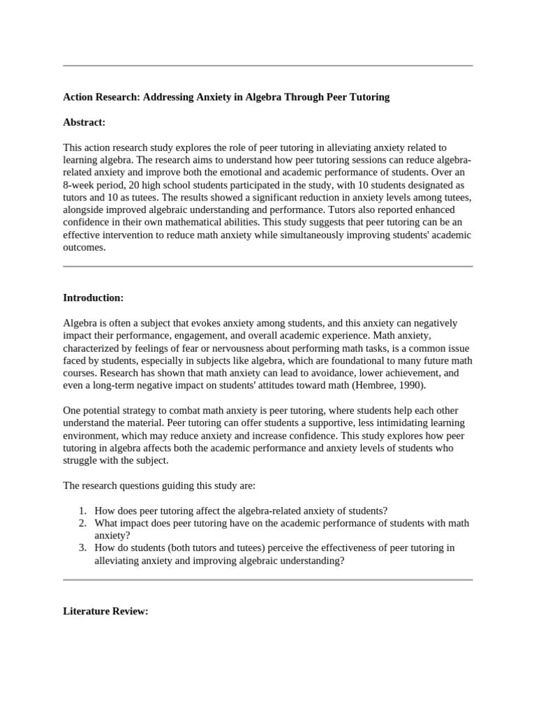 Addressing Anxiety in Algebra Through Peer Tutoring | PDF | Anxiety | Mathematics