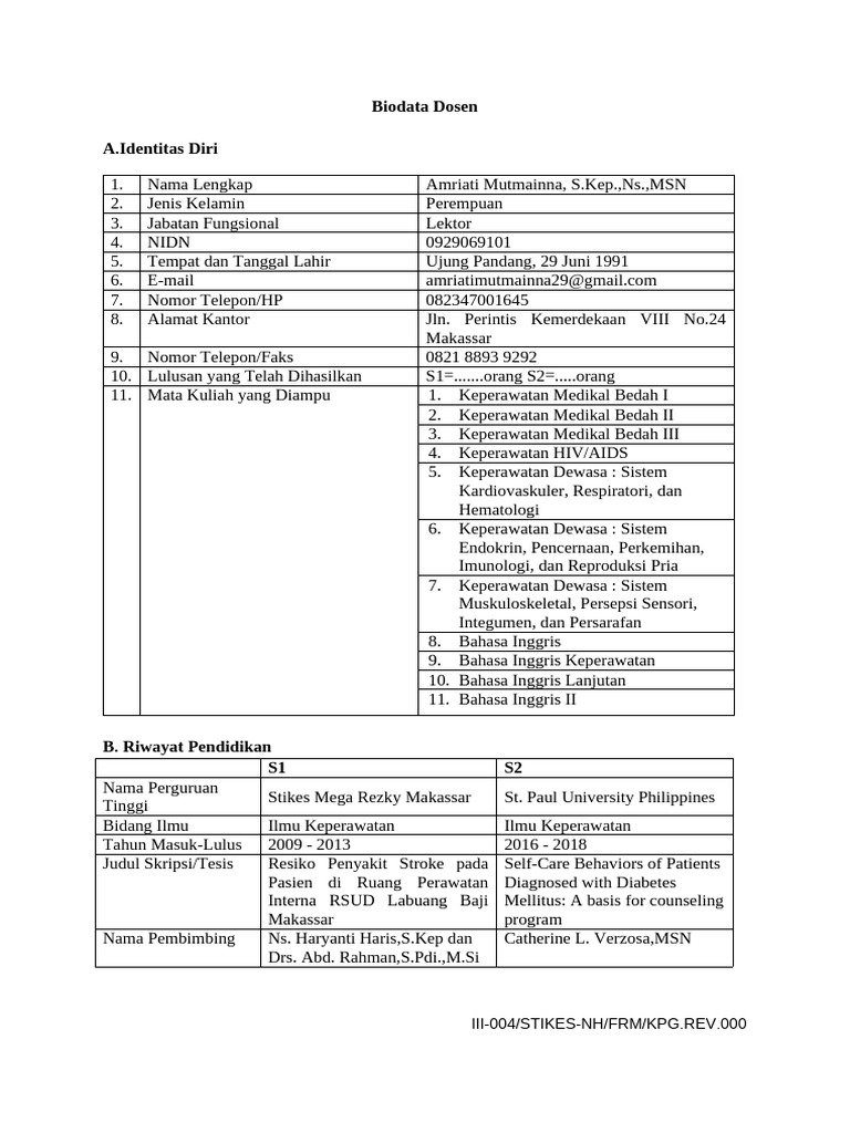 CV Dosen Terbaru Untuk Update Data Dosen (Bu Amri) Okt 2023 | PDF