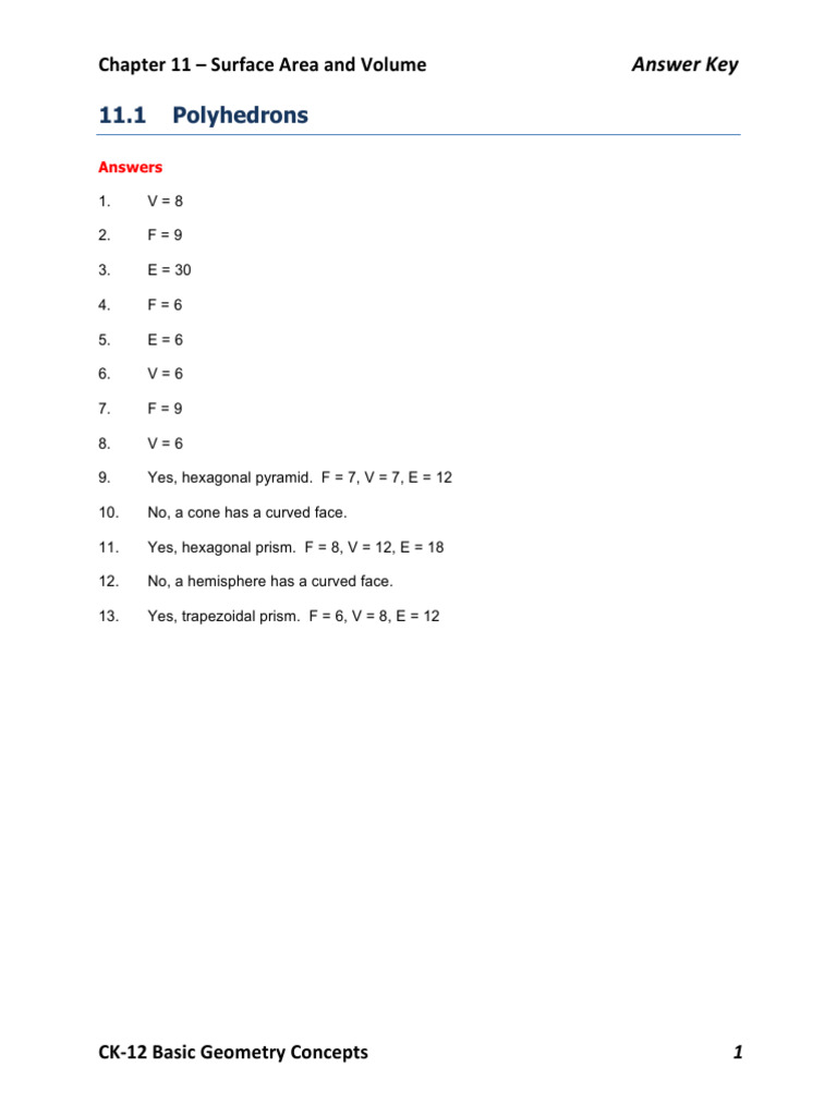 Answer Key - CK-12 Chapter 11 Basic Geometry Concepts PDF | PDF ...