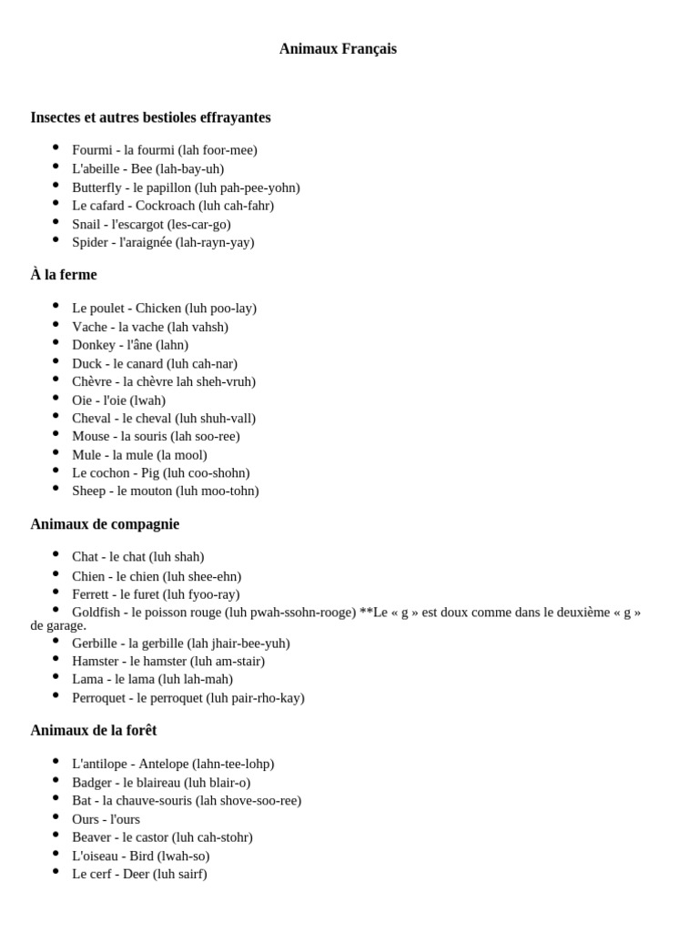 Vocabulaire des Animaux et Adjectifs Français | PDF | Langue française ...