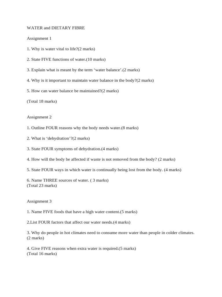 Water and Dietary Fibre Assignments | PDF