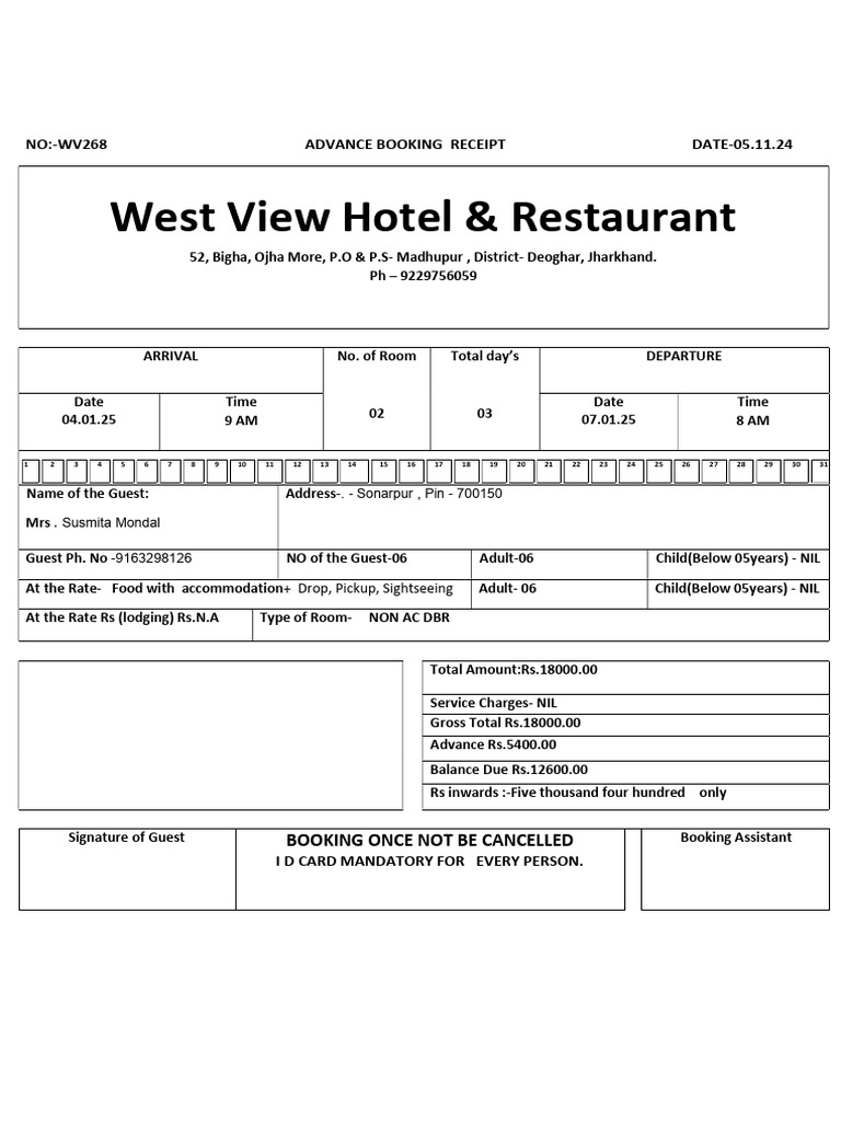 West View Hotel Adv Payment Receipt | PDF