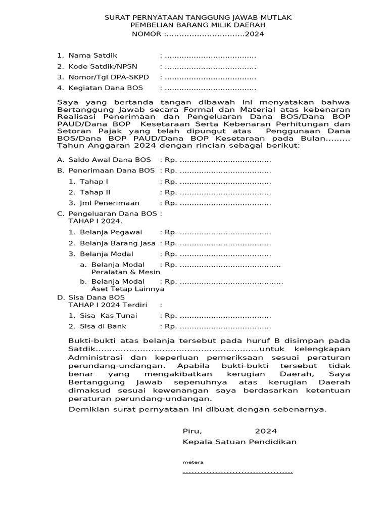 Surat Tanggung Jawab Pembelian Dana BOS | PDF