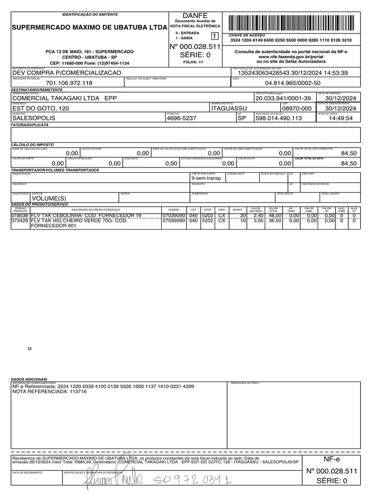 Supermercado Maximo de Ubatuba Ltda: Danfe 1 #000.028.511 Série: 0 | PDF | Documentos ...
