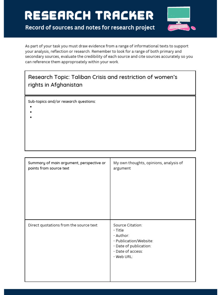 Research Note-Taking and Source Tracker English Worksheet in Navy Pink ...