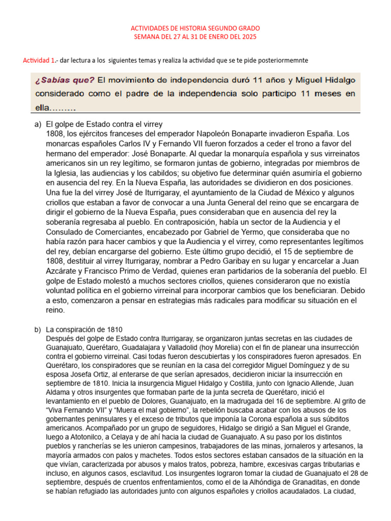 Actividades de Historia para Segundo Grado | PDF | Nueva españa ...