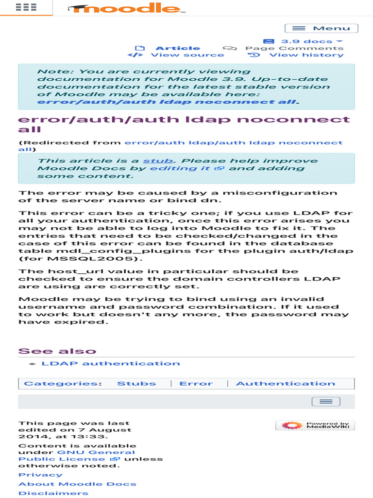 Errorauthauth Ldap Noconnect All - MoodleDocs | PDF