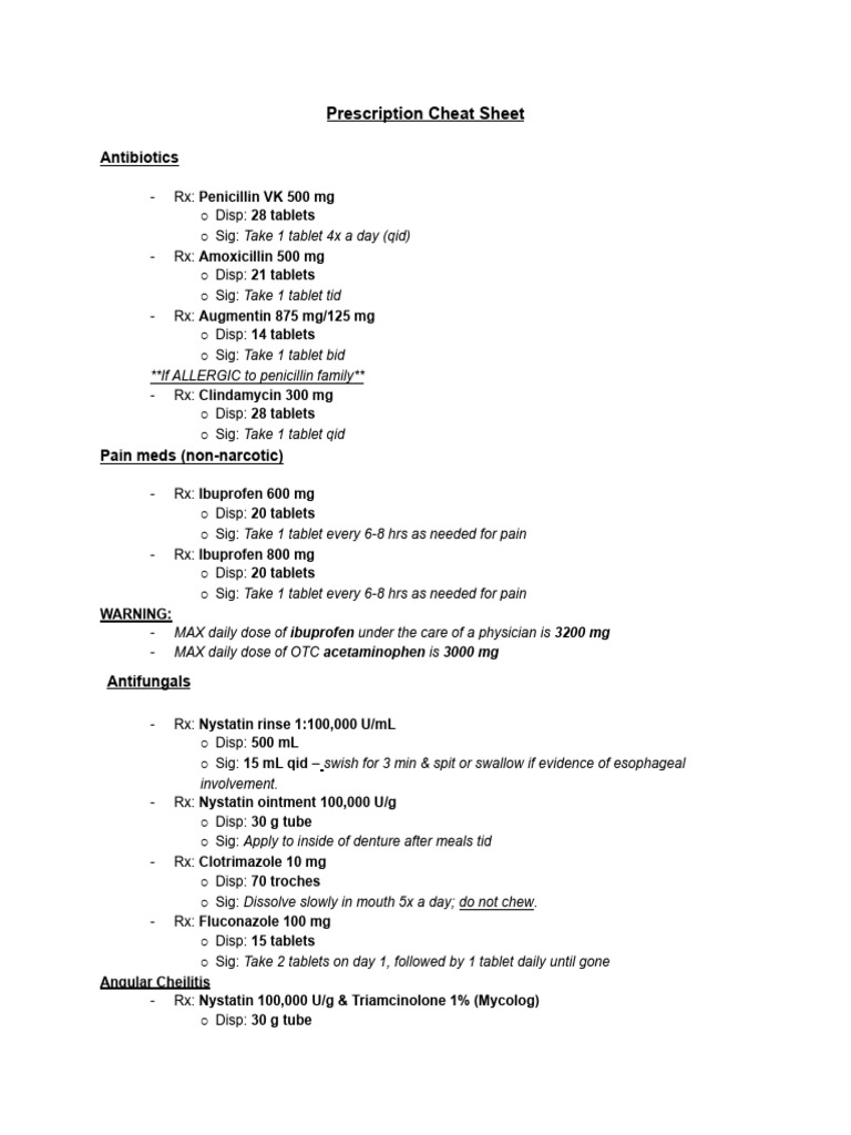 Prescription Cheat Sheet | PDF | Drugs | Pharmacology