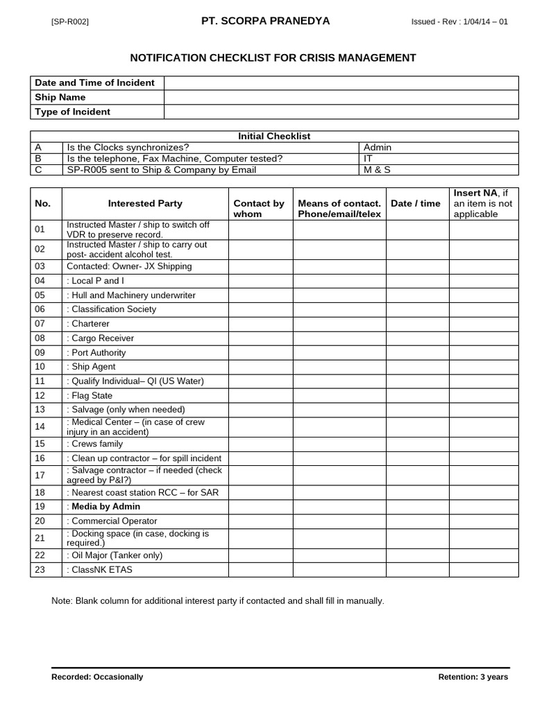 Crisis Management Notification Checklist | PDF