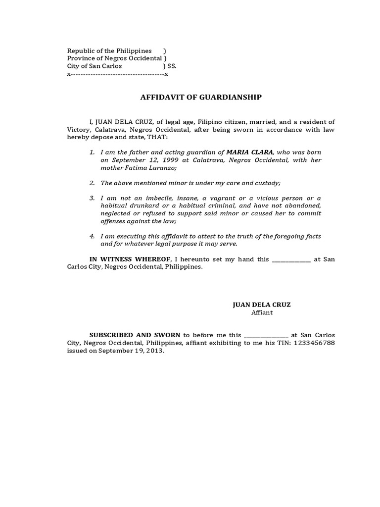 Affidavit of Guardianship Sample | PDF