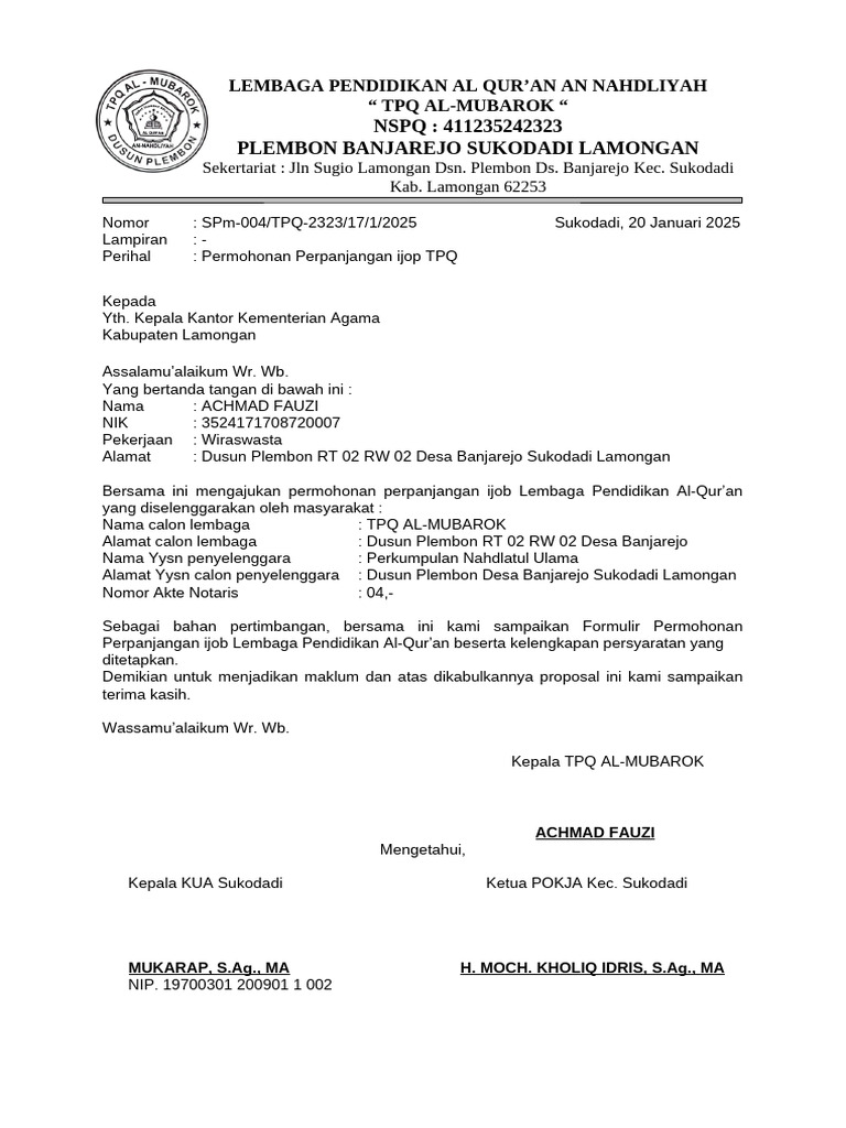 Surat Permohonan TPQ | PDF