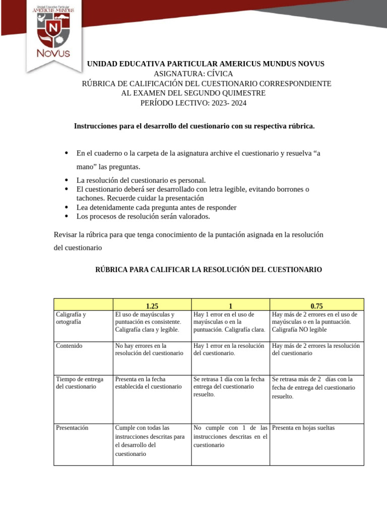 R Brica de Calificaci N Del Cuestionario para El Examen Del Segundo Quimestre | PDF