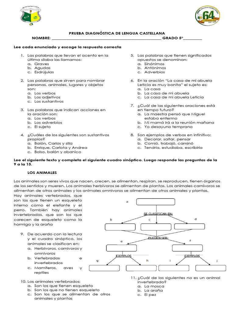 Prueba Diagnóstica de Lengua 5° | PDF | Adverbio | Verbo