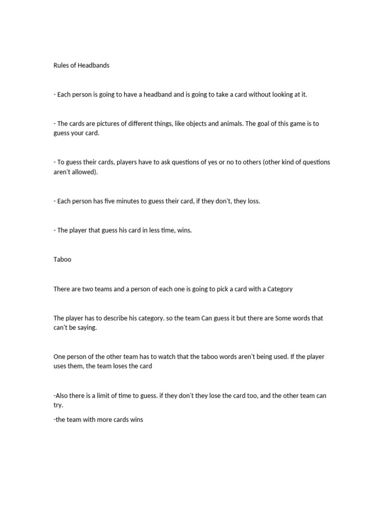 Headbands Game Rules and Instructions | PDF