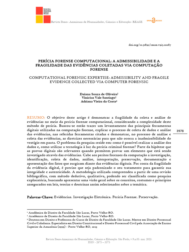Perícia Forense Computacional Admissibilidade e Afragilidade Das Evidências Coletadas Via ...
