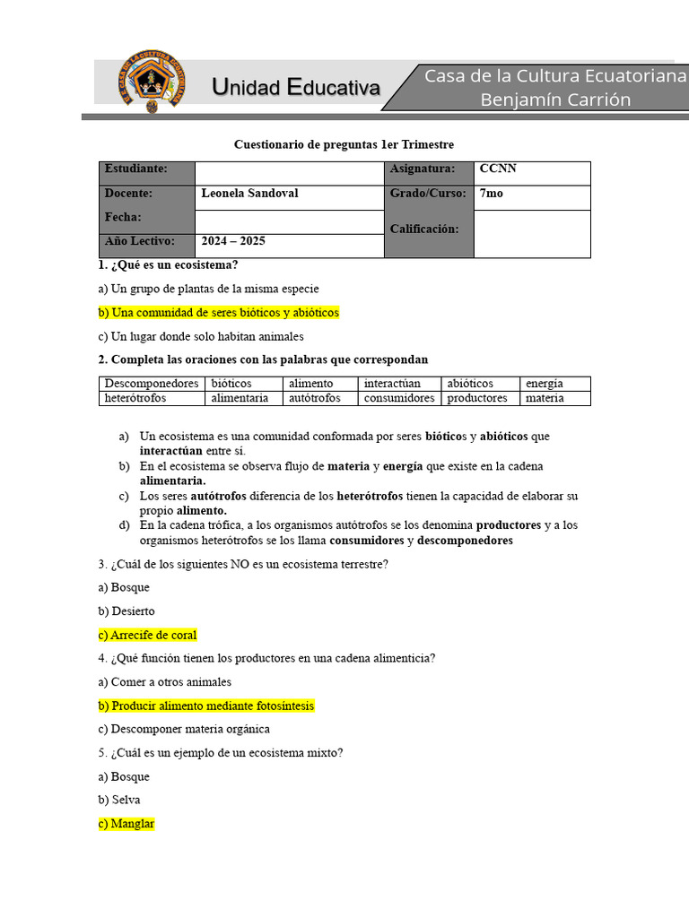Cuestionario CCNN 1er Trimestre 7mos Resuelto | PDF | Sistema reproductivo | La sexualidad humana