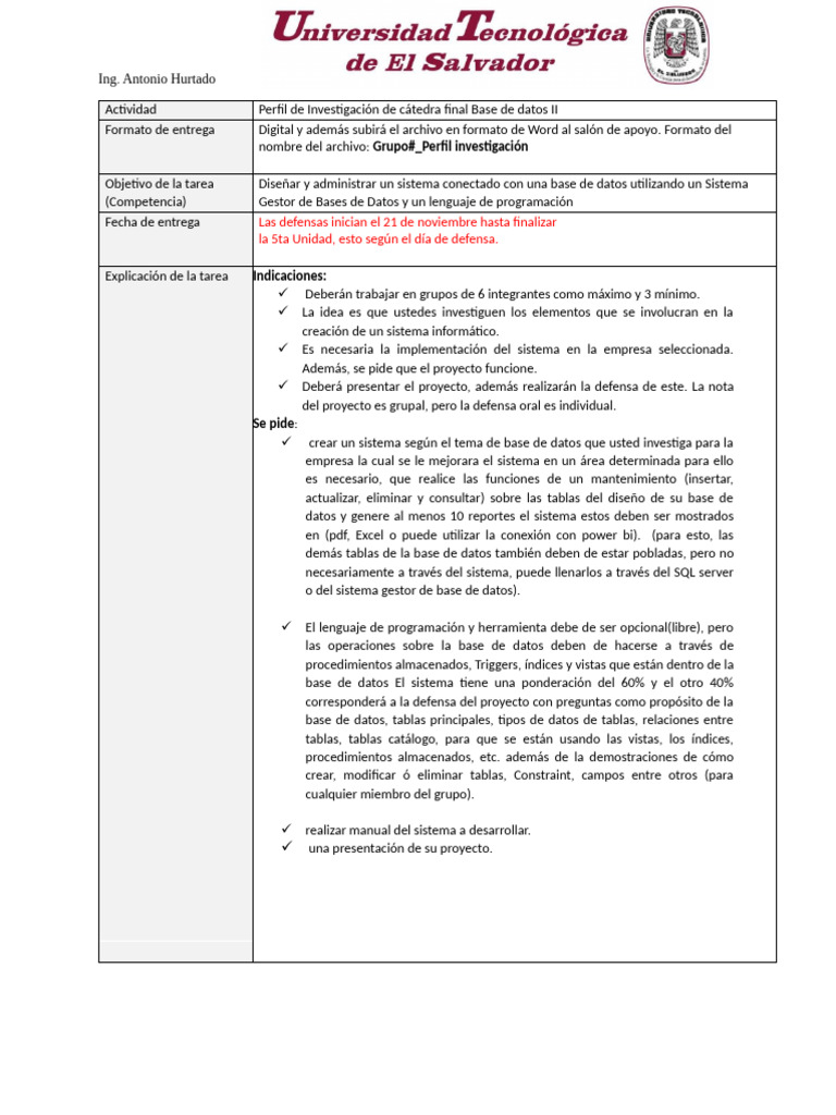 Perfil de Investigacion Proyecto Final bd2 5ta Eva | PDF | Bases de datos | Archivo de computadora