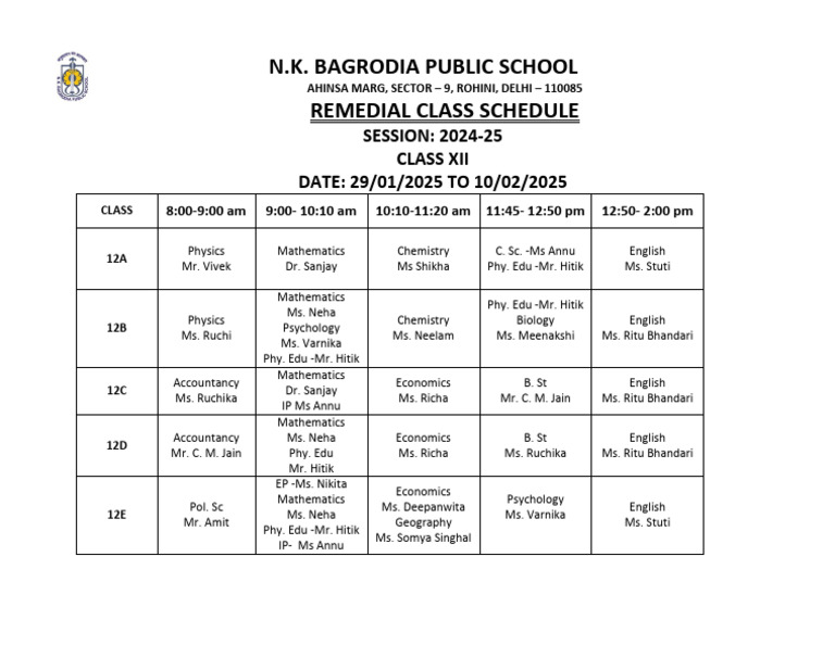 Remedial Teaching schedule-XII | PDF