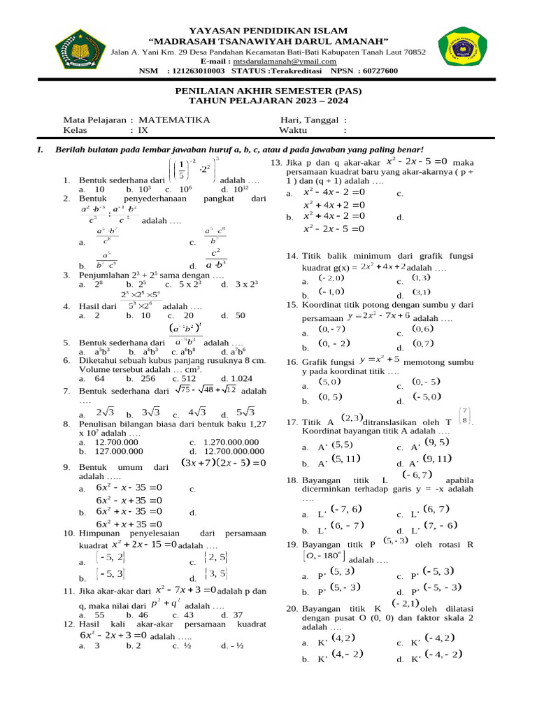 Soal Pas 2023 Matematika Kelas 9 | PDF