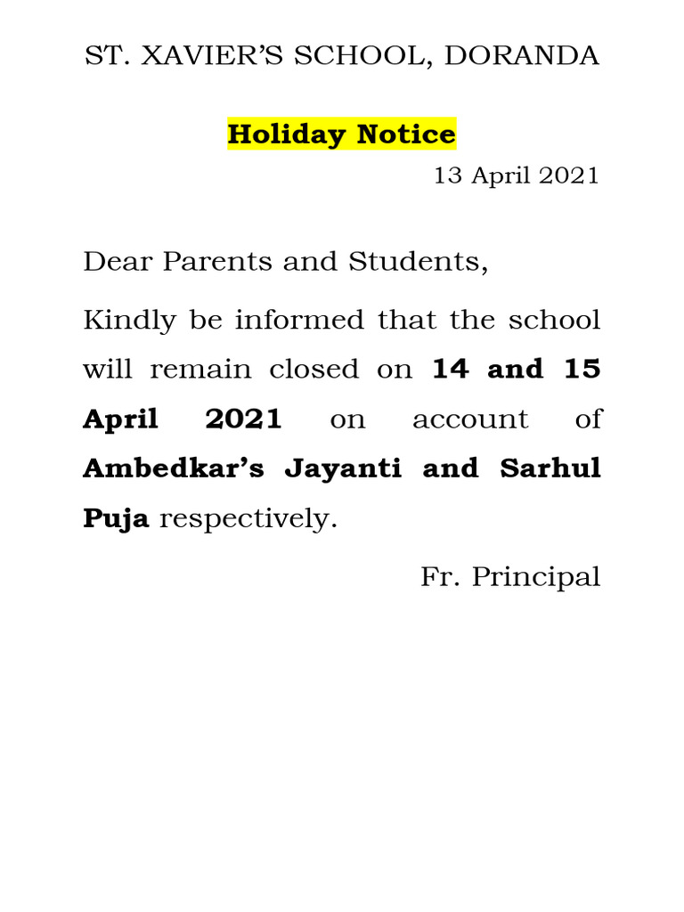 St. Xavier's School Holiday Notice | PDF