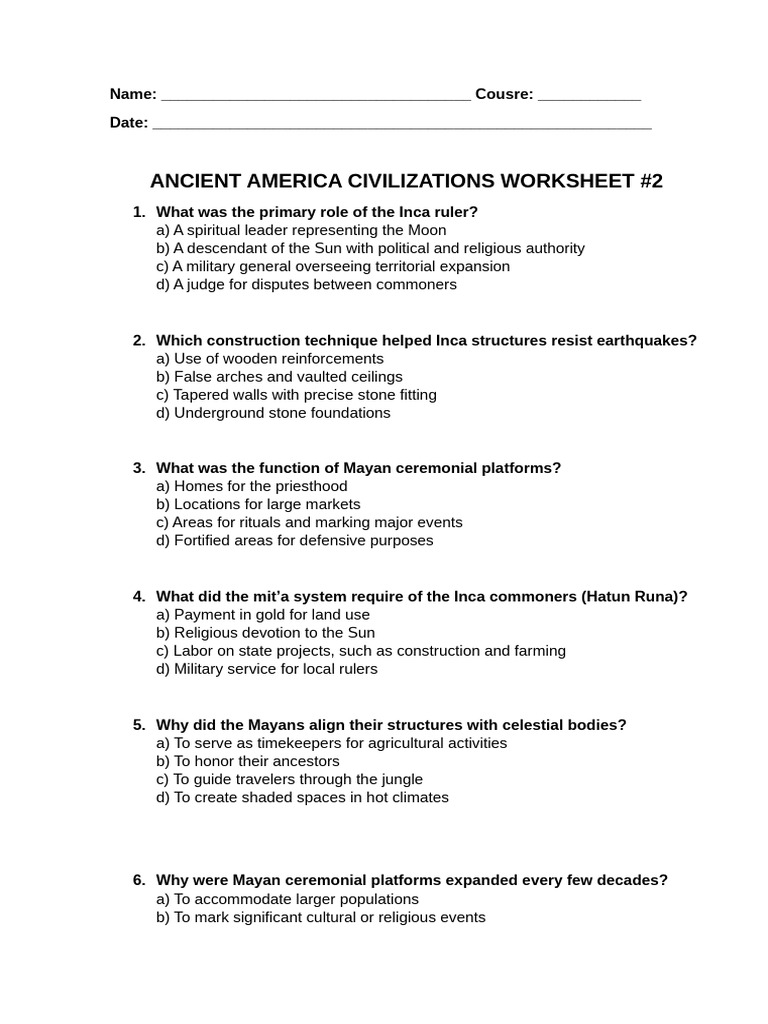 Ancient America Civilizations Worksheet 2 | PDF | Maya Civilization ...