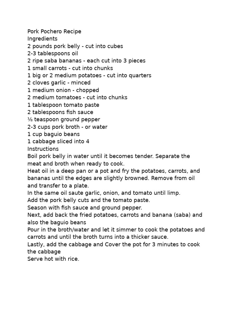 Pork Pochero Ingredients and Recipe | PDF