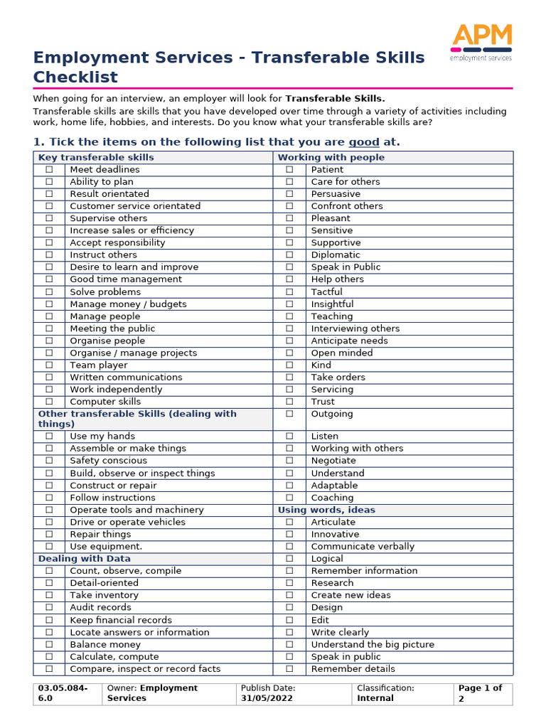 Transferable Skills Checklist | PDF | Leadership | Learning