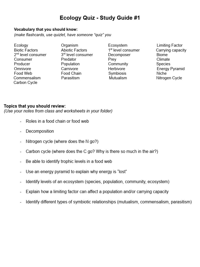 Ecology Quiz - Study Guide 1 | PDF