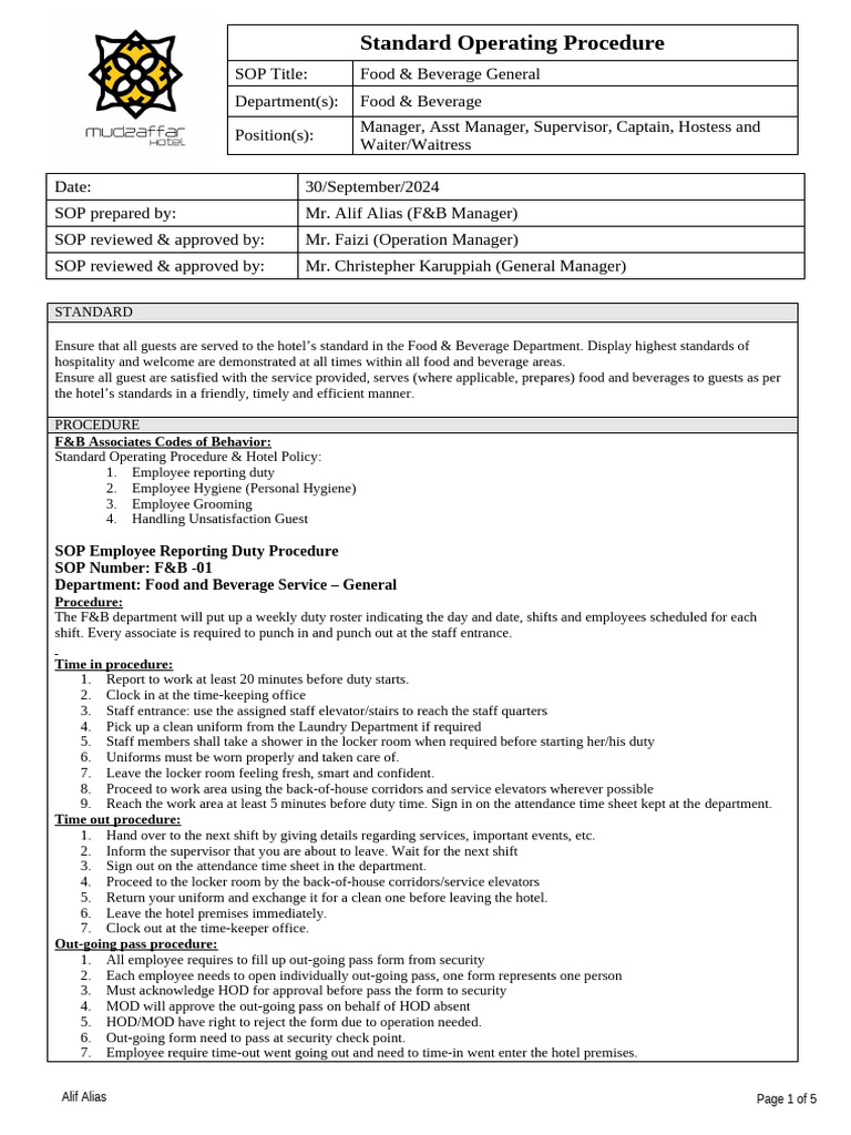 FB - General SOP | PDF | Hand Washing | Waiting Staff