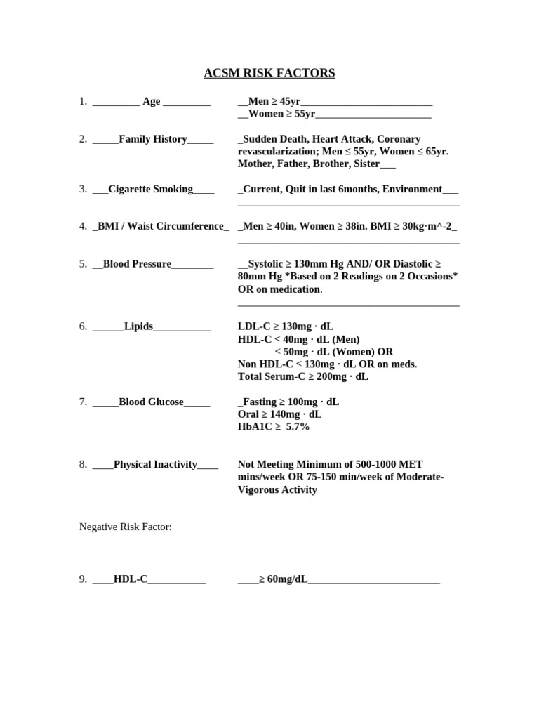 ACSM Risk Factors Quiz Sheet | PDF