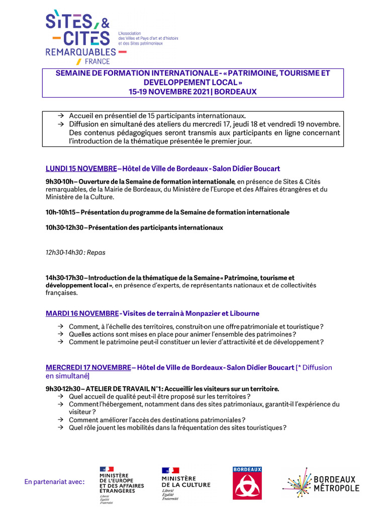 Programme Prévisionnel - Semaine de Formation Internationale | PDF