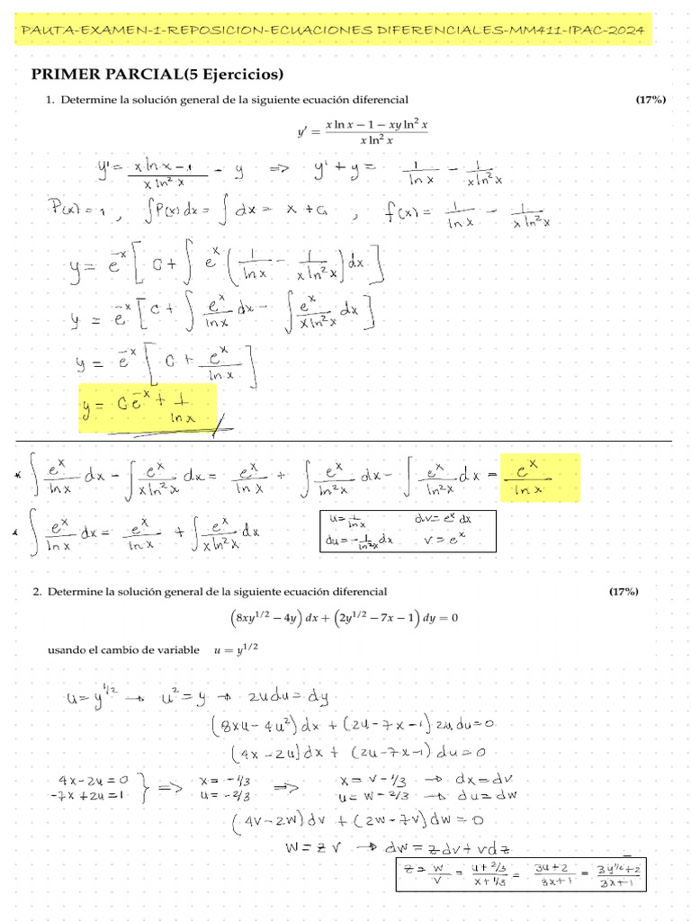 Pauta e1 Reposicion p1 2024 Ecuaciones Diferenciales Mm411 Unah | PDF
