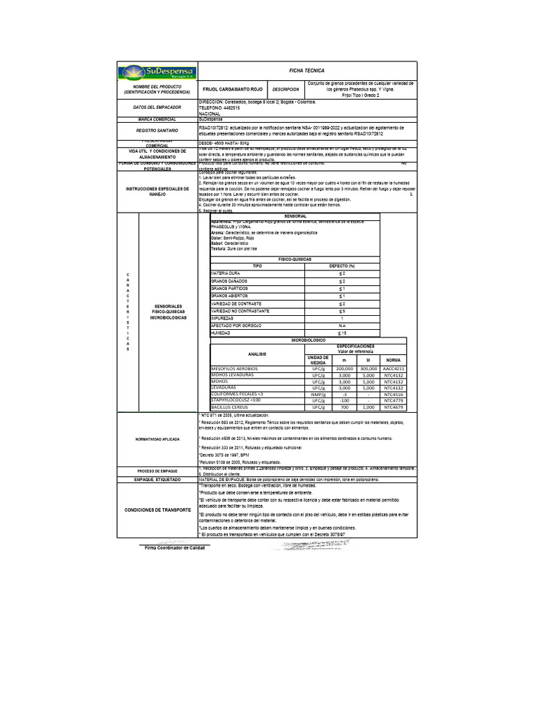 FT Frijol Cargamanto Sudespensa | PDF